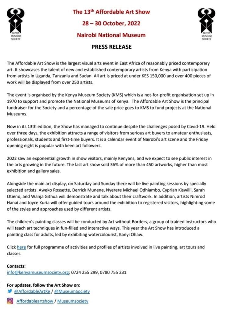 PRESS RELEASE – THE 13TH AFFORDABLE ART SHOW – Kenya Museum Society